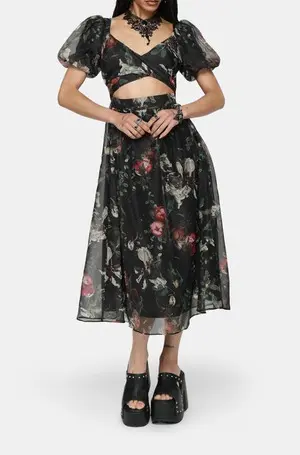 DISTURBIA Floral Puff Sleeve Midaxi Wrap Dress