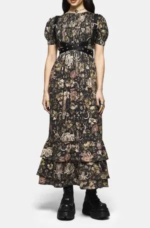DISTURBIA Triple Goddess Tiered Shirred Maxi Dress - Black