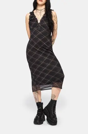 DISTURBIA Sorrowelle Checked Mesh Midi Dress - Black