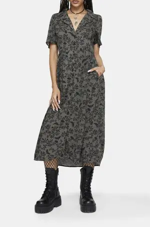 DISTURBIA Floral Midi Shirt Dress - Green