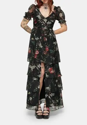 DISTURBIA Anara Fruit Print Tiered Gown - Black