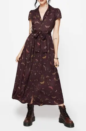 DISTURBIA Celia Moth Printed Shirt Dress - Dark Red