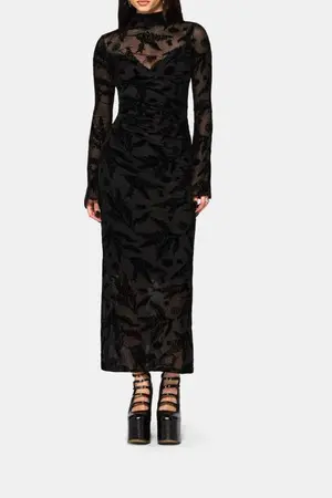 DISTURBIA Cimora Dandelion Flocked Maxi Dress - Black
