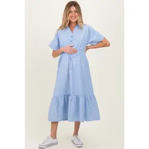 PINKBLUSH Blue Striped Button Collared Midi Dress With Tiered Ruffle Hem - Light Blue