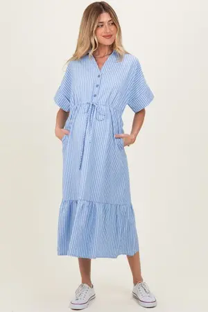 PINKBLUSH Blue Striped Button Collared Midi Dress