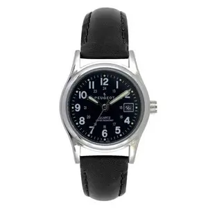 PEUGEOT Stainless Steel Leather Strap Watch - Black
