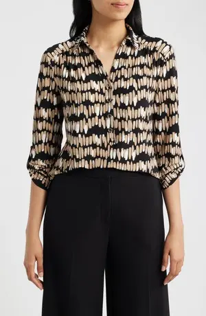 Anne Klein Print Three-quarter Sleeve Button-down Shirt