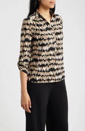 Anne Klein Print Three-quarter Sleeve Button-down Shirt