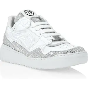 Philipp Plein Mixed Material Rhinestone Low-top Sneakers - White