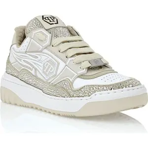 Philipp Plein Mix Leather Lo-top Sneakers Strass Hexagon Rhinestone - Whitebeige
