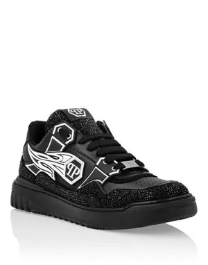 Philipp Plein Mix Leather Lo-top Sneakers Strass Hexagon - Black/black