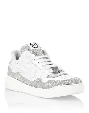 Philipp Plein Mix Leather Lo-top Sneakers Strass Hexagon - White