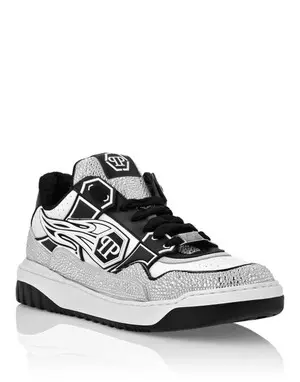 Philipp Plein Mix Leather Lo-top Sneakers Strass Hexagon - White/black