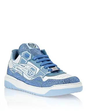 Philipp Plein Mix Leather Lo-top Sneakers With Strass Hexagon - White/lightblue