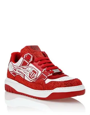 Philipp Plein Mix Leather Lo-top Sneakers Strass Hexagon - White/red