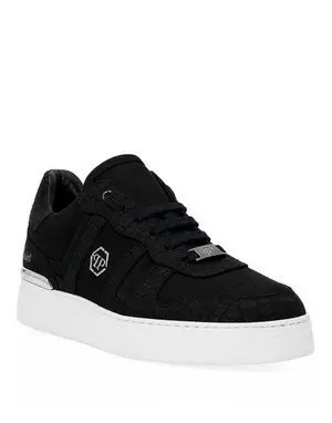Philipp Plein Nubuck Low Top Sneakers With Croc Effect Detailing - Black