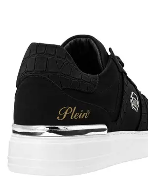 Philipp Plein Nubuck Low Top Sneakers With Croc Effect Detailing - Black