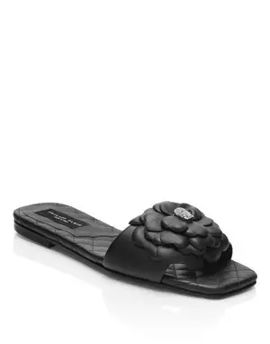 Philipp Plein Leather Flat Slides Flower - Black