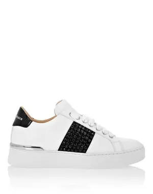 Philipp Plein Bicolor Leather Low-top Sneakers With Embellished Strap - White/black