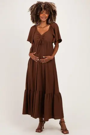 PINKBLUSH Flutter Sleeve Ruffle Hem Maternity Maxi Dress - Brown