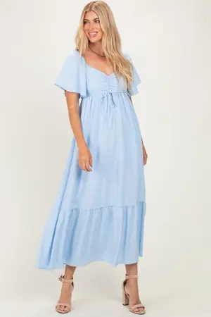 PINKBLUSH Flutter Sleeve Ruffle Hem Maternity Maxi Dress - Light Blue