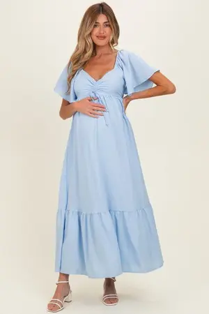PINKBLUSH Flutter Sleeve Ruffle Hem Maxi Dress - Light Blue