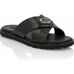 Philipp Plein Croc Effect Leather Criss-cross Strap Slides - Black