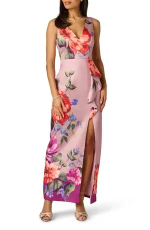 Adrianna Papell Floral Waterfall Ruffle Mikado Gown