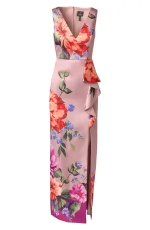 Adrianna Papell Floral Waterfall Ruffle Mikado Gown