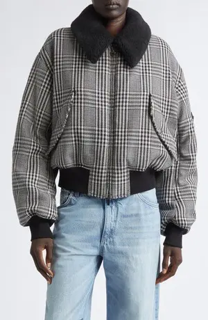 Stella McCartney Plush Trim Plaid Bomber Jacket - Multicolor Grey