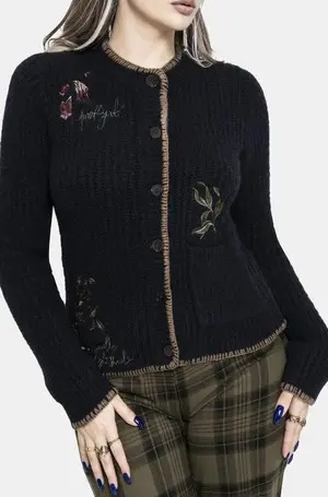 DISTURBIA Embroidered Blanket Stitch Cardigan - Blue