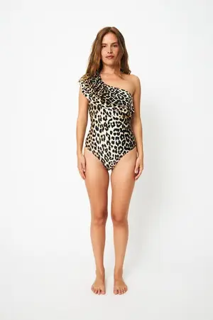 CRAS Naja One Shoulder Ruffle Swimsuit - Urban Leopard
