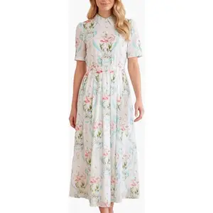 NEEDLE & THREAD Floral Ribbon Cotton Short Sleeve Dress - Optic White/blue