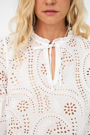 CRAS Eyelet Tie Neck Blouse With Scalloped Hems
