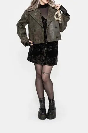 DISTURBIA Faux Leather Cropped Trench Jacket With Embroidery