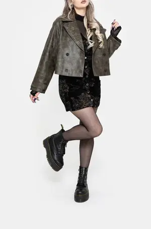 DISTURBIA Faux Leather Cropped Trench Jacket With Embroidery