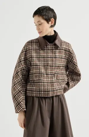 Brunello Cucinelli Comfort Checked Wool And Alpaca Outerwear Jacket With Leather Collar And Monili