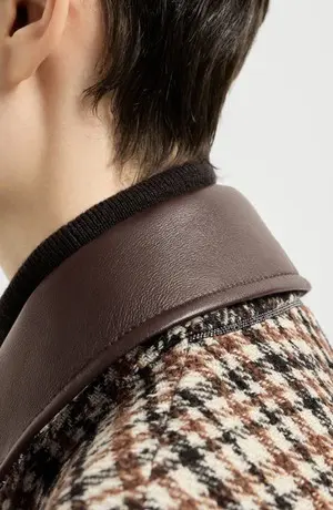 Brunello Cucinelli Comfort Checked Wool And Alpaca Outerwear Jacket With Leather Collar And Monili