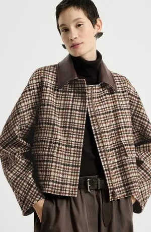 Brunello Cucinelli Comfort Checked Wool And Alpaca Outerwear Jacket With Leather Collar And Monili