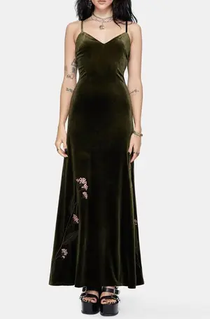 DISTURBIA Sleeveless Maxi Slip Gown With Floral Embroidery - Green