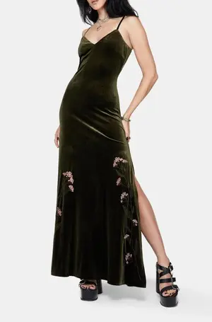 DISTURBIA Sleeveless Maxi Slip Gown With Floral Embroidery