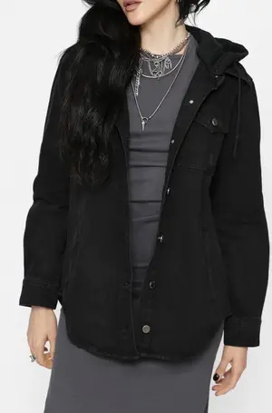 DISTURBIA Hooded Pocket Denim Shacket - Black