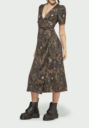 DISTURBIA Haunt Medieval Print Wrap Midi Dress