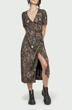 DISTURBIA Haunt Medieval Print Wrap Midi Dress - Brown