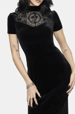 DISTURBIA Cameo Flocked Mesh Insert Midi Dress