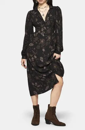 DISTURBIA Folk Print Button-up Midi Dress