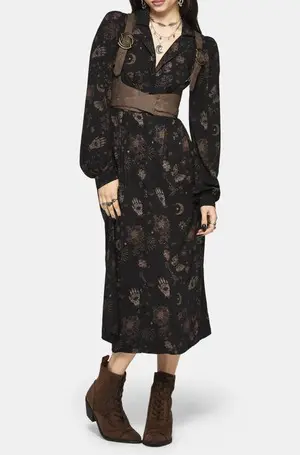 DISTURBIA Folk Print Button-up Midi Dress
