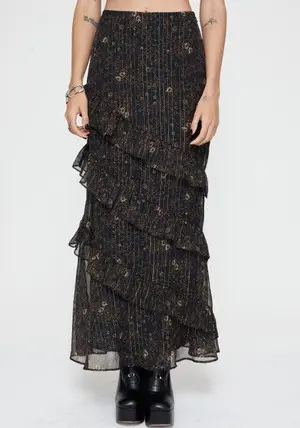DISTURBIA Astralis Stripe Ruffle Tiered Maxi Skirt - Black