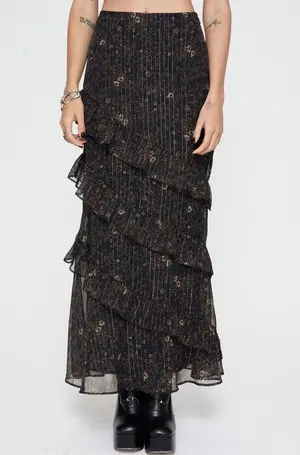 DISTURBIA Astralis Stripe Ruffle Tiered Maxi Skirt - Black