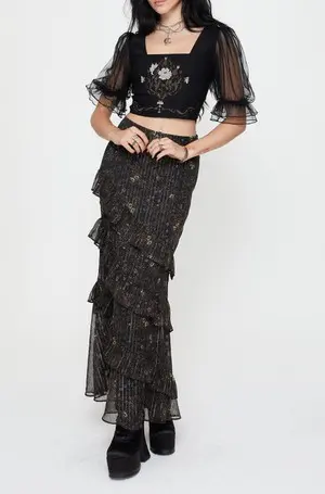 DISTURBIA Astralis Stripe Ruffle Tiered Maxi Skirt
